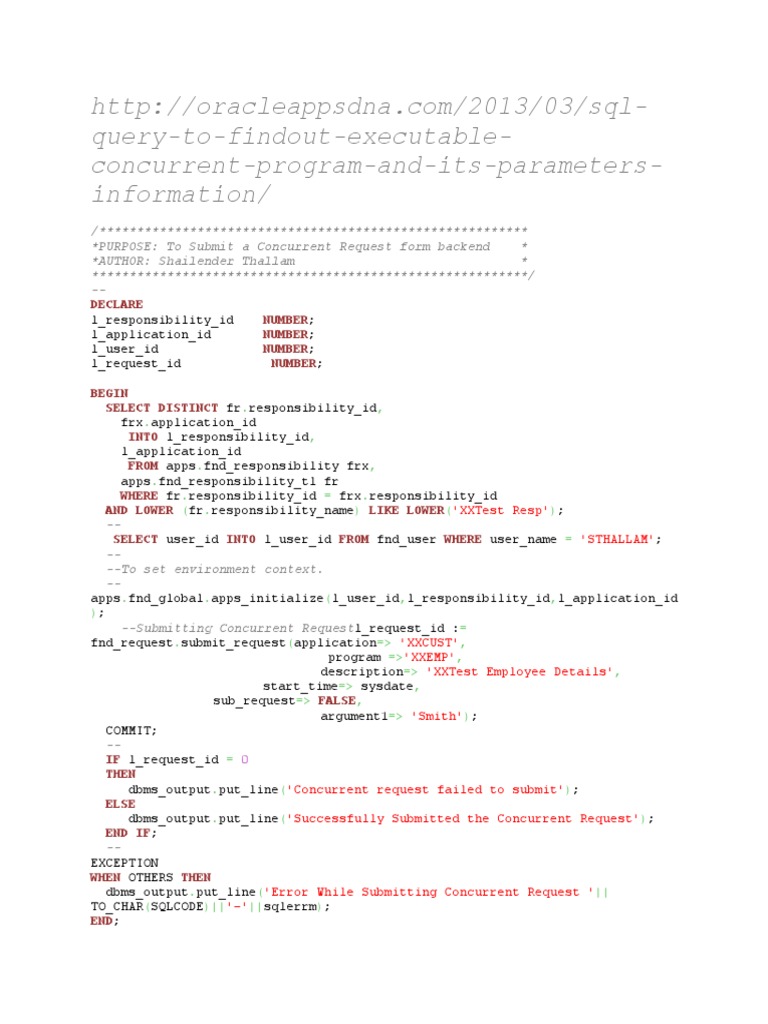Query To Findout Executable Concurrent Program And Its Parameters Information Pdf Oracle 2937