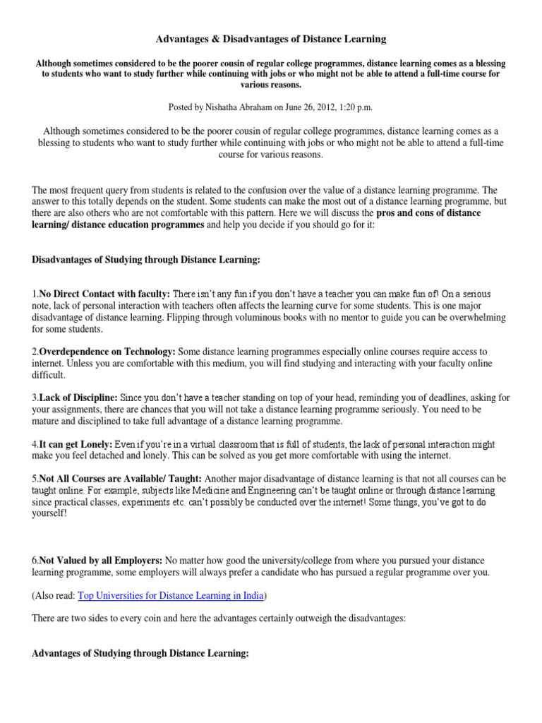 Advantages and Disadvantages of Distance Learning | PDF | Distance ...