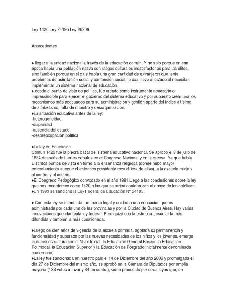 Ley 1420 Ley 24195 Ley 26206 | PDF | Jardín de infancia | Educación ...