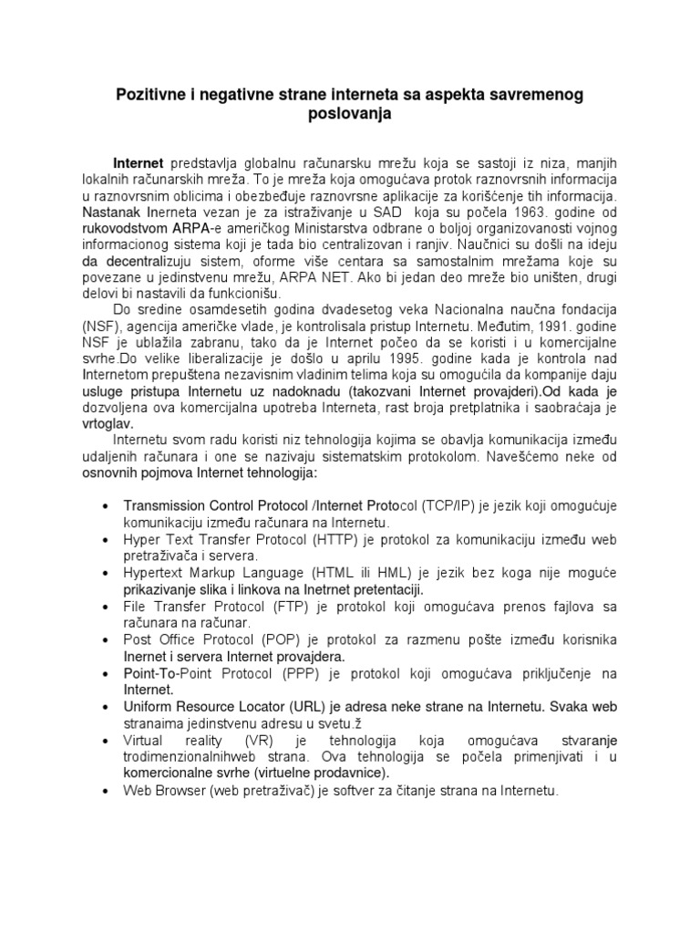 Pozitivne I Negativne Strane Interneta | PDF