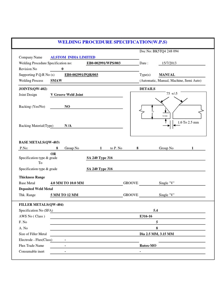 BK5TQ4 248 094 - WPS For Ducting & Support Structure Stainless Steel V ...