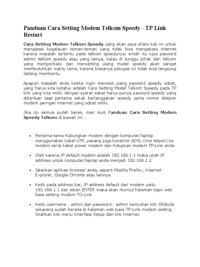 Panduan Cara Setting Modem Telkom Speedy | PDF