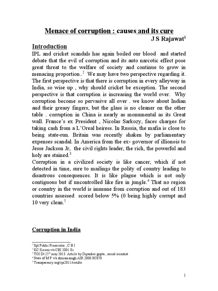 Corruption Causes and Its Cure An Article by Js Rajawat | PDF ...