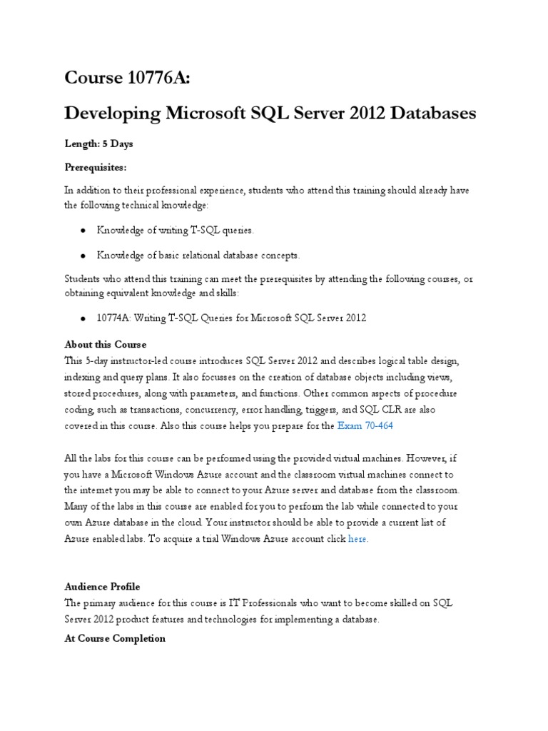 Course 10776A Developing Microsoft SQL Server 2012 Databases | PDF | Microsoft Sql Server ...