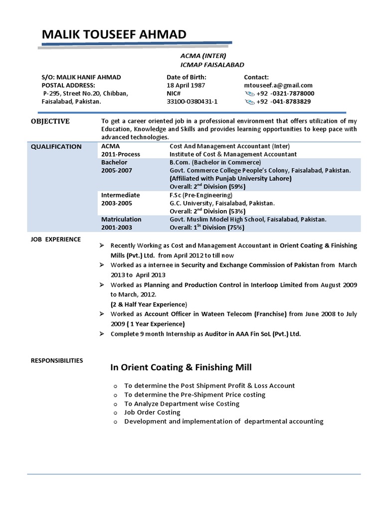 Cost and Management Accountant Resume | PDF | Business