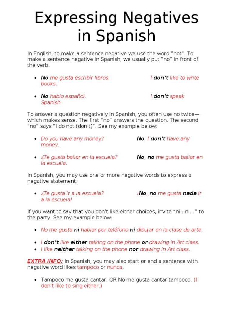 Making Sentences Negative in Spanish | PDF | Language Arts & Discipline ...