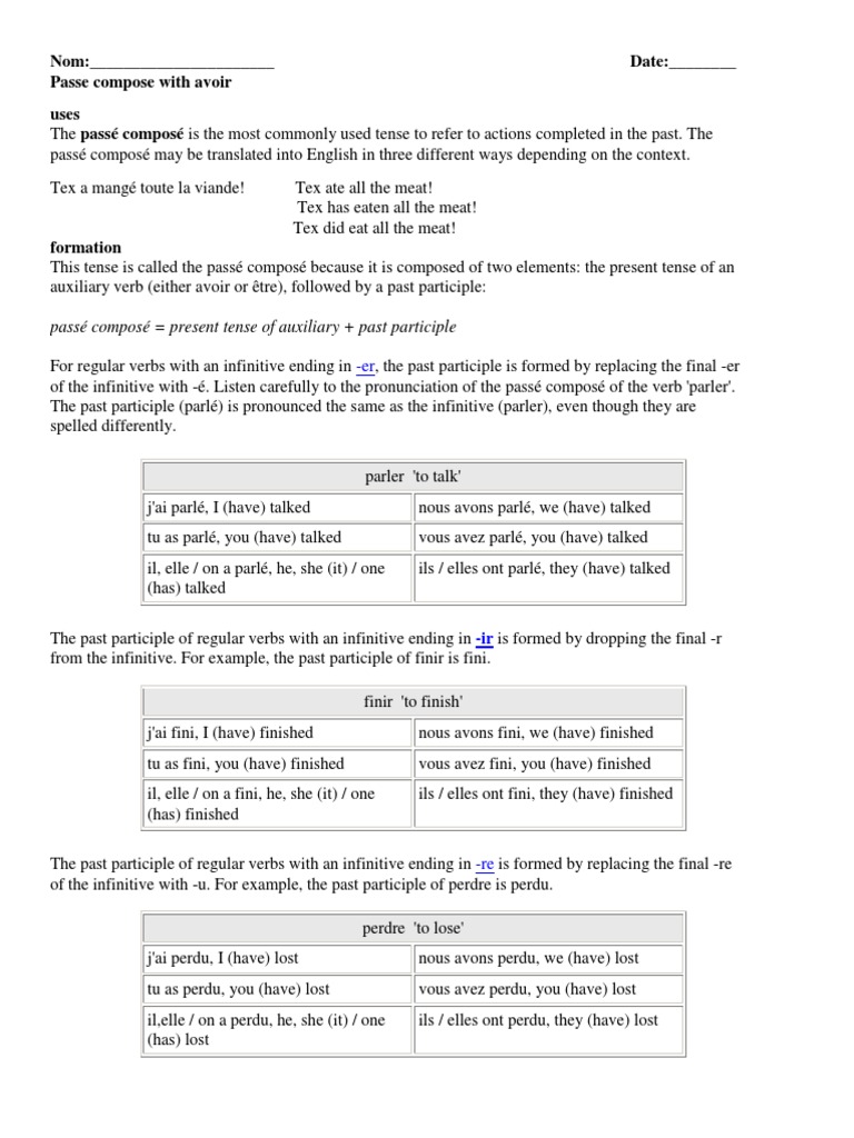 Passe Compose With Avoir | PDF | Morphology | Rules