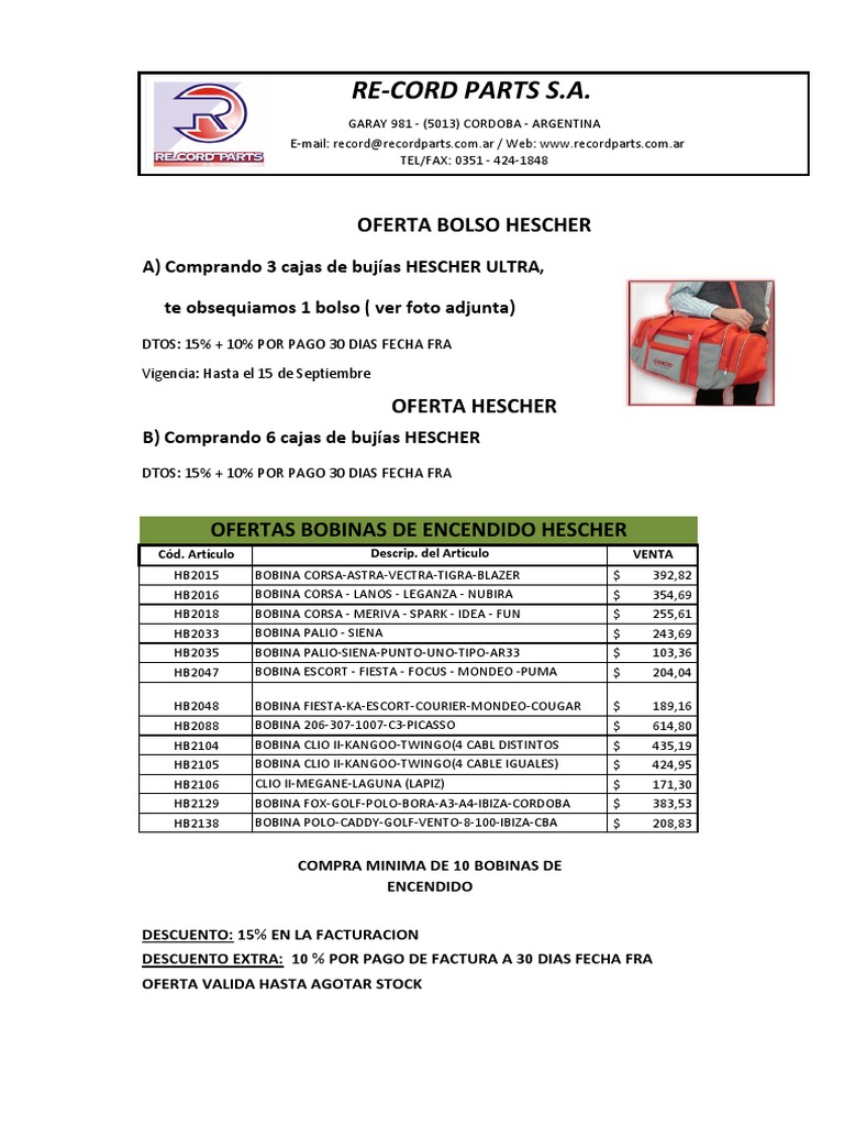 Ofertas Bujías y Bobinas HESCHER | PDF | Vehículos | Vehículos de ruedas