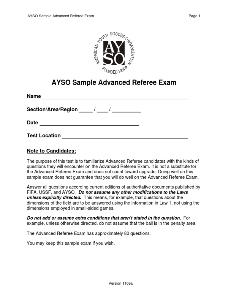 AYSO Sample Advanced Referee Exam | Download Free PDF | Association Football | Athletic Sports