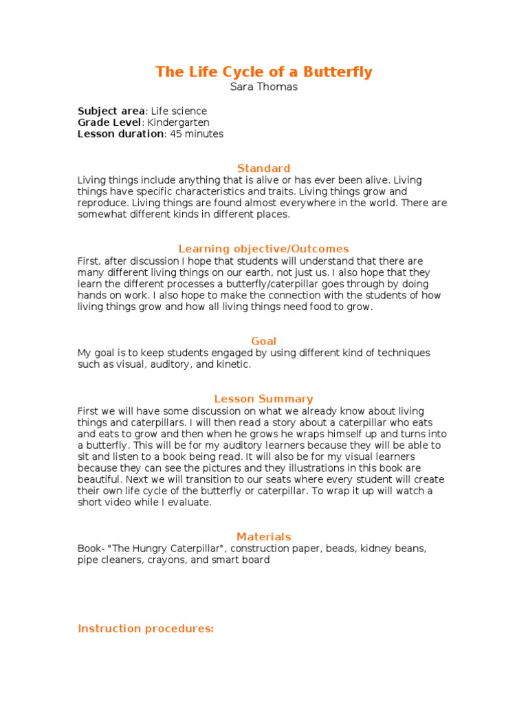 The Life Cycle of A Butterfly Lesson Plan | PDF | Butterfly | Lesson Plan