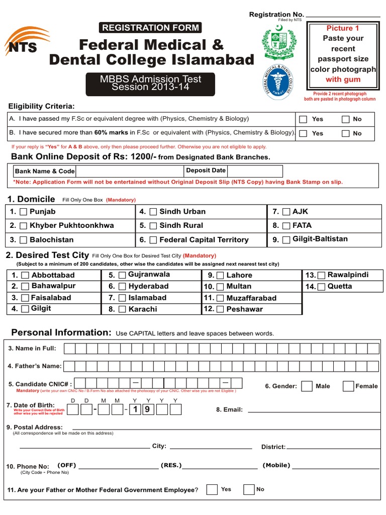 NTS Registration Form for MBBS Admission Test | PDF | Islamabad | World ...