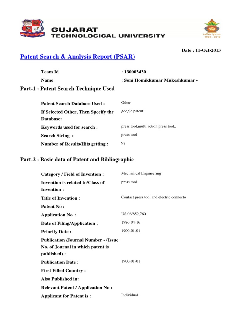 Patent Search & Analysis Report (PSAR) | PDF | Patent Application | Patent