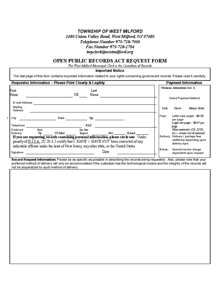 West Milford OPRA Request Form | PDF | Computer Security | Security