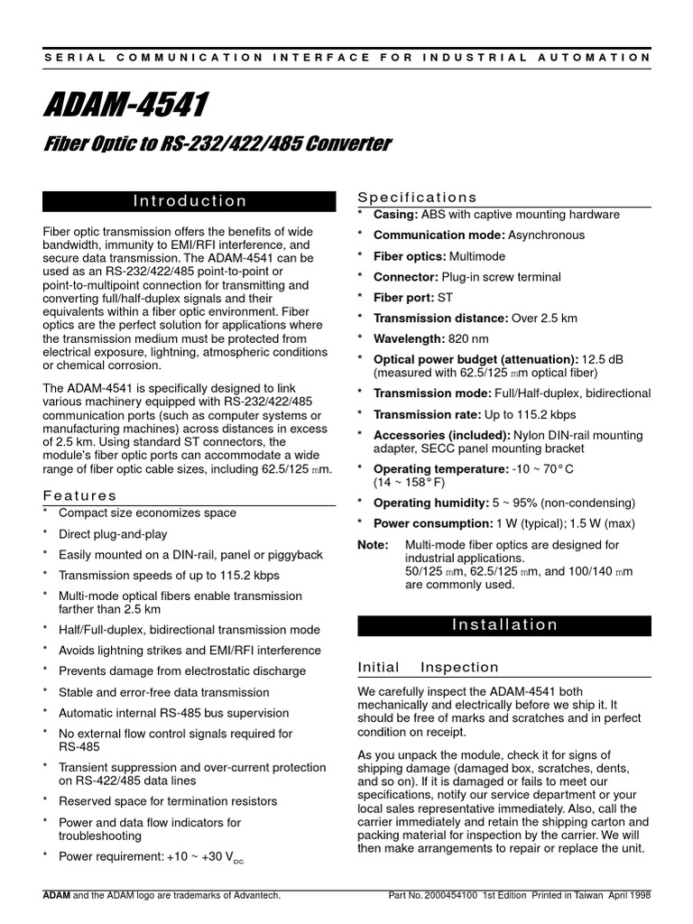 ADAM 4541 Manual | PDF | Optical Fiber | Duplex (Telecommunications)