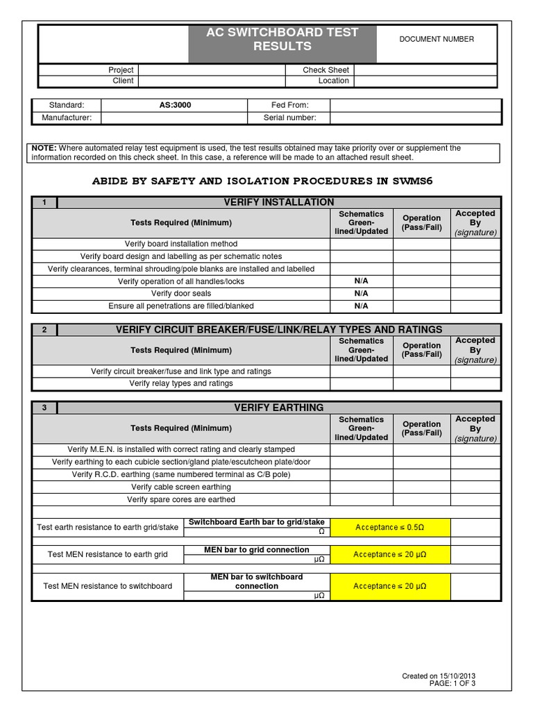 AC Switchboard Checksheet | Download Free PDF | Fuse (Electrical) | Relay