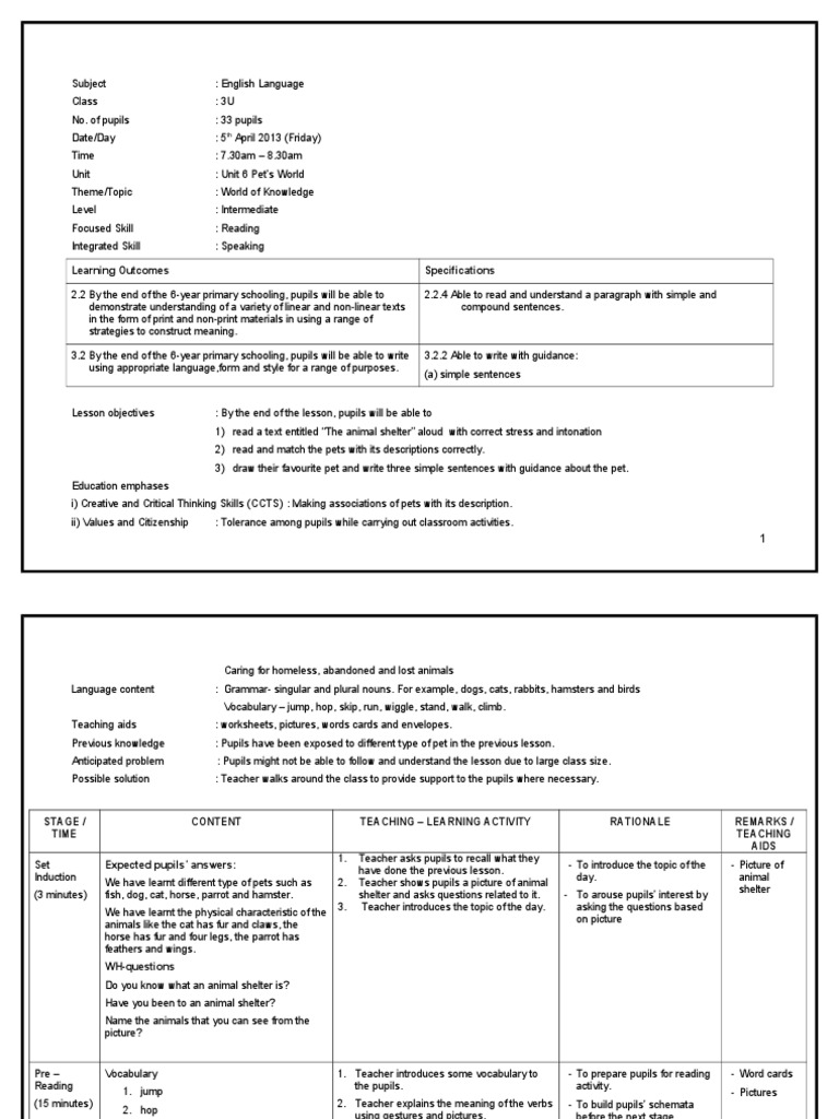 Reading Lesson Plan (Pets' World) | PDF | Lesson Plan | Pet