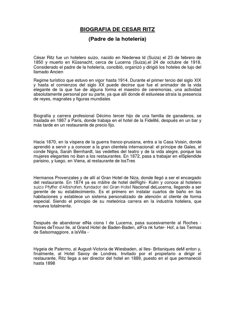 Biografía de César Ritz, padre hotelería | PDF | Viajes y turismo | Arte