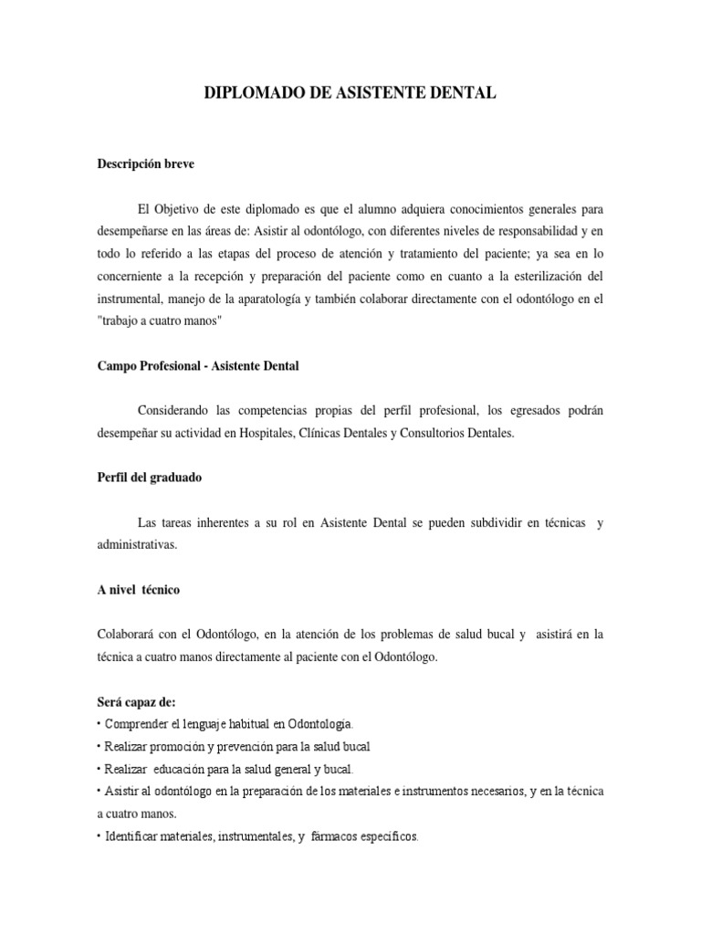 Diplomado en Asistente Dental Online | PDF | Odontología | Diente humano