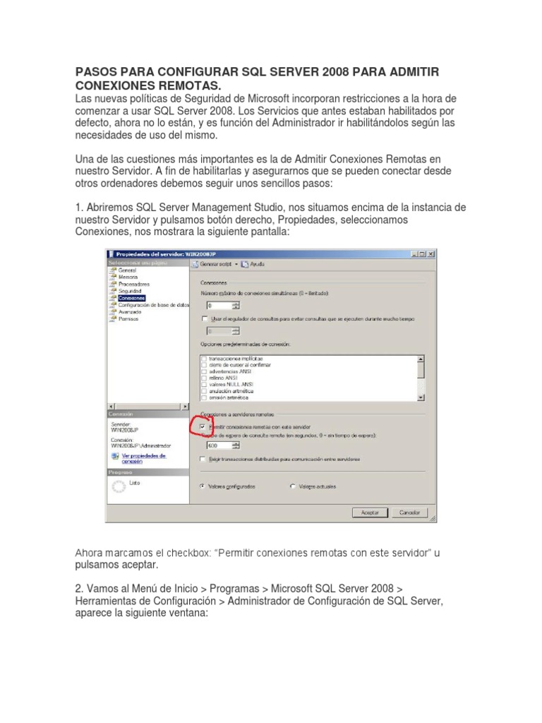 Pasos para Configurar SQL Server 2008 para Admitir Conexiones Remotas ...