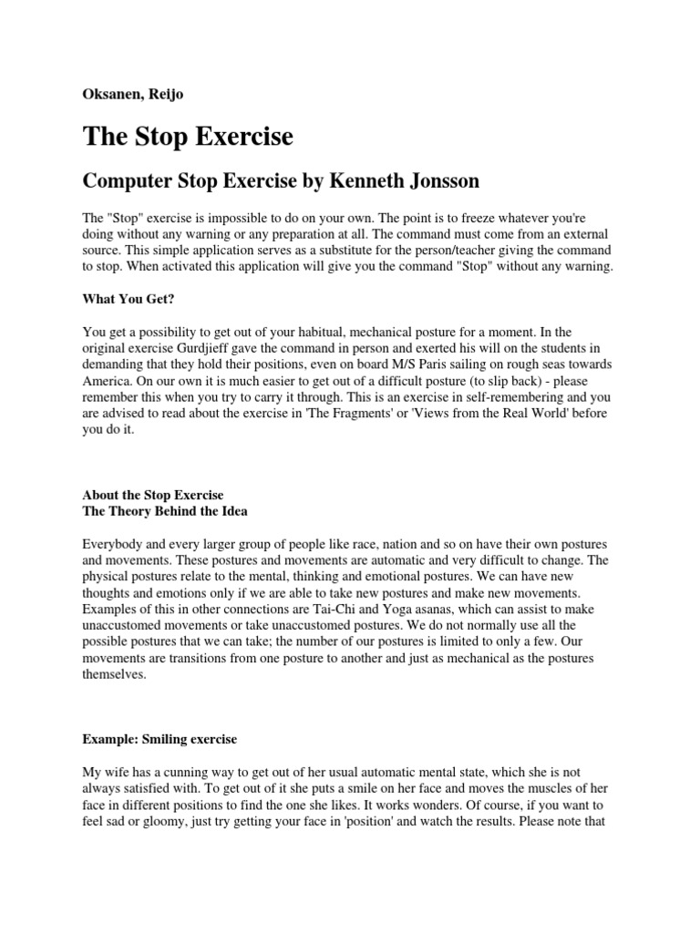 The Stop Exercise - Reijo Oksanen | PDF | Thought | Psychology