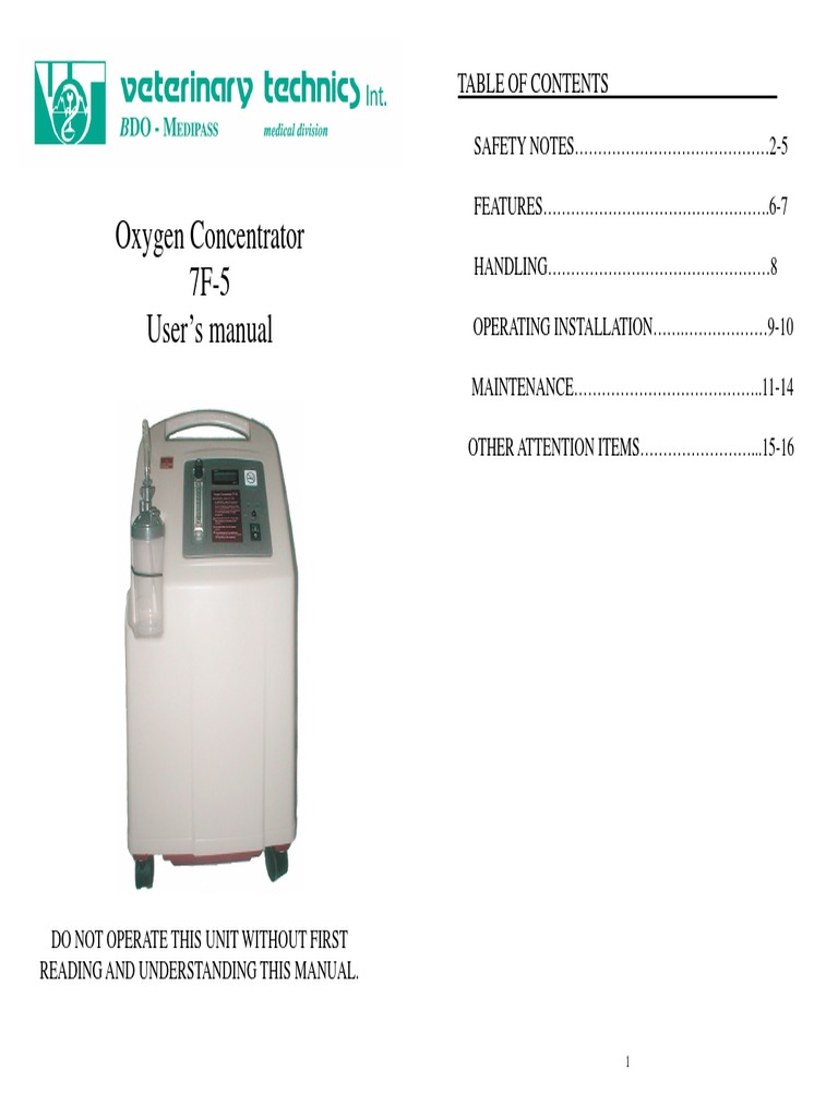 Oxygen Concentrator 7F-5 User's Manual | Medical Prescription | Oxygen