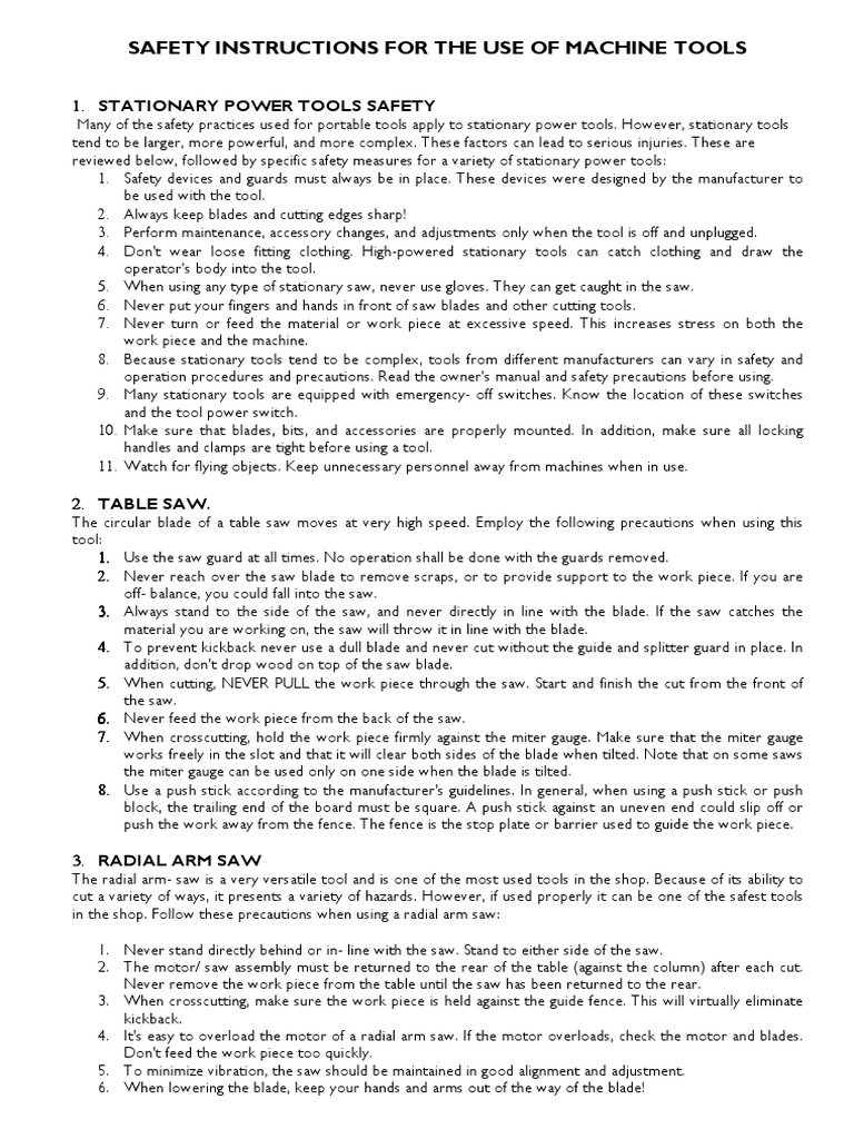 Safety Instructions For The Use of Machine Tools | PDF | Drill ...