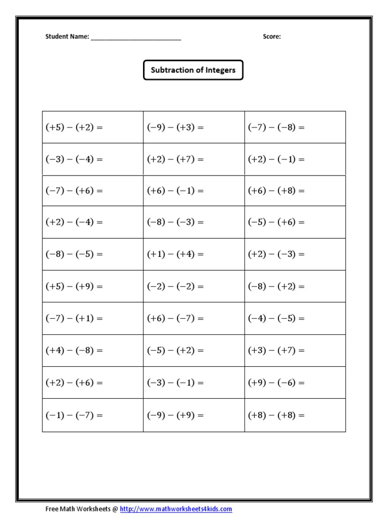 Subtraction of Integers Worksheet | PDF