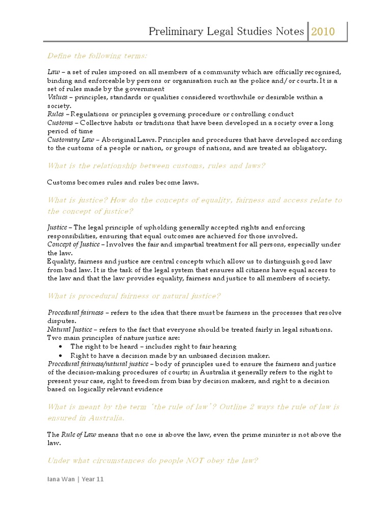 Year 11 Preliminary Legal Studies Notes | PDF | Precedent ...