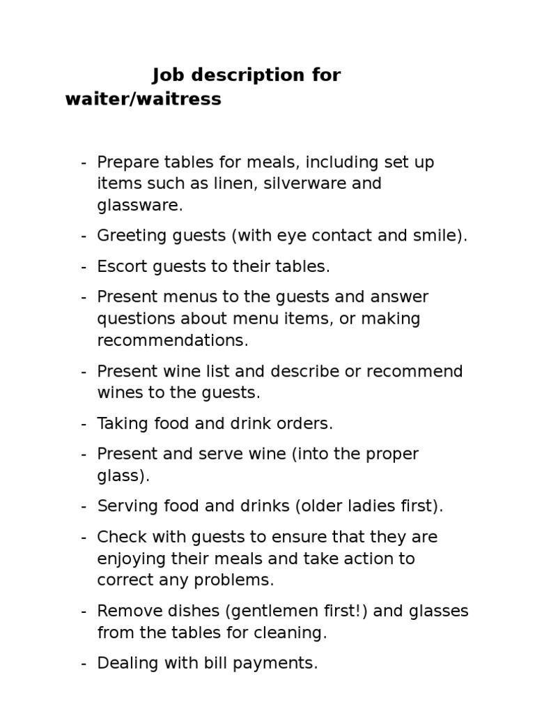 Job Description For Waiter | PDF
