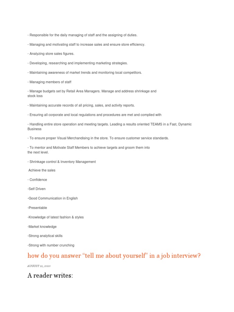 Responsible For The Daily Managing of Staff and The Assigning of Duties ...