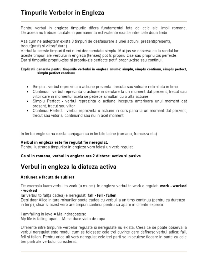 Timpurile Verbelor in Engleza