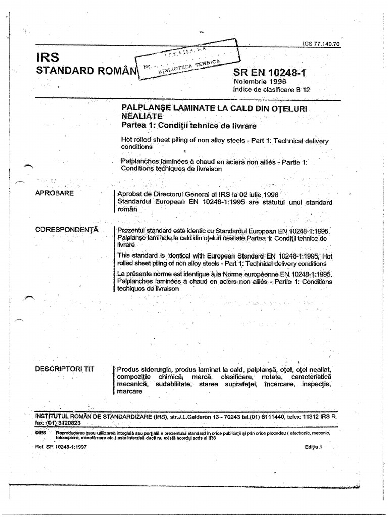 SR en 10248-1 Palplanse Laminate La Cald Din Oteluri Nealiate | PDF