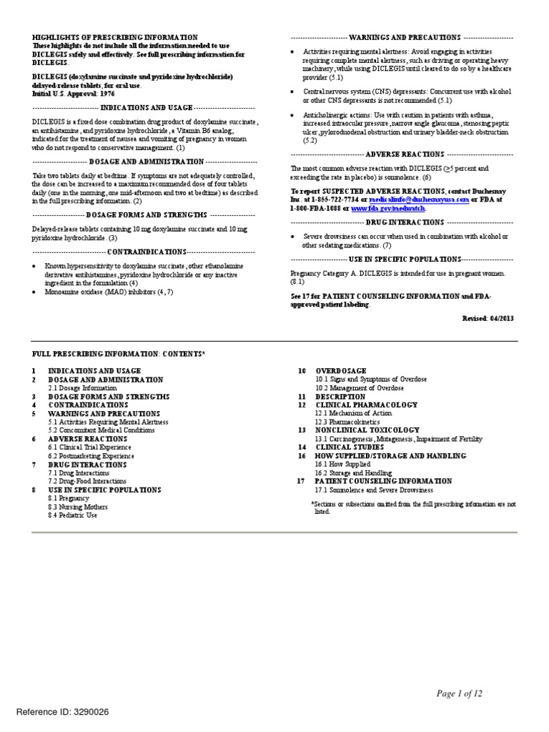 Diclegis Full Prescribing Information | Medical Treatments | Medical ...