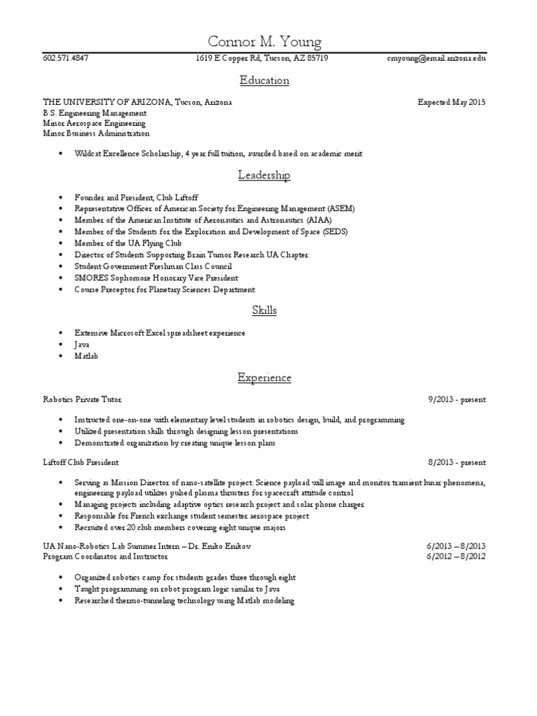 Connor M. Young - Engineering Management Resume | PDF | Art ...