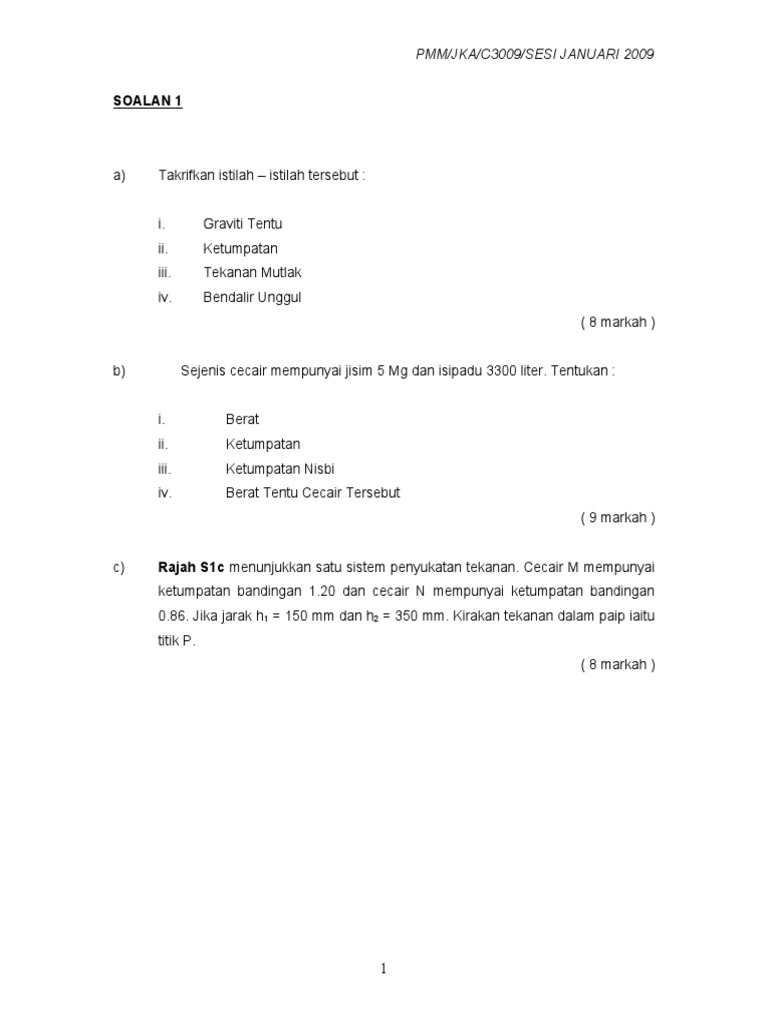 Contoh Soalan Mekanik Bendalir | PDF