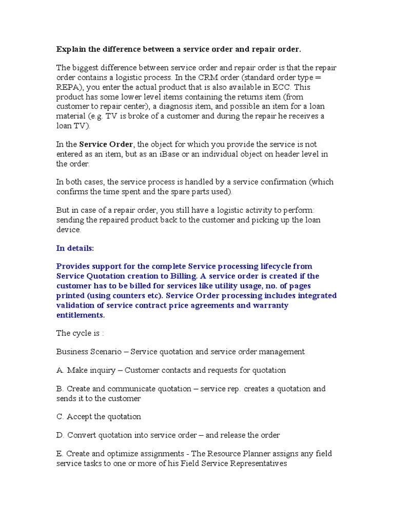 Difference Between A Service Order and Repair Order | PDF | Information ...