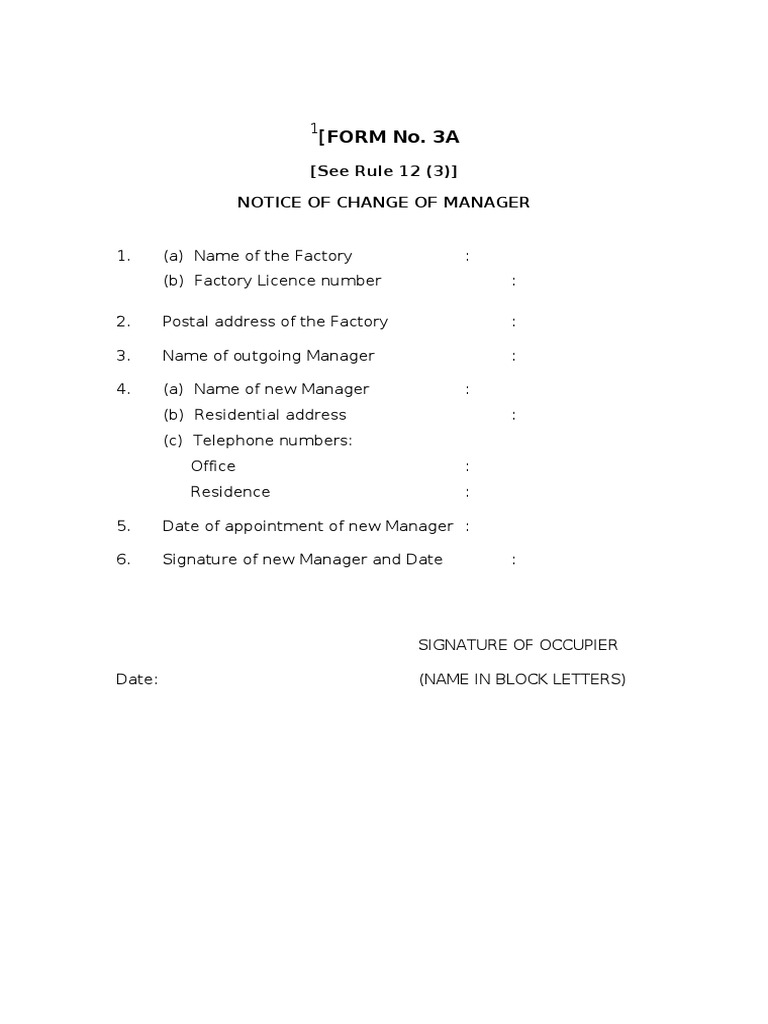 Form No. 3A: (See Rule 12 (3) ) Notice of Change of Manager | PDF ...