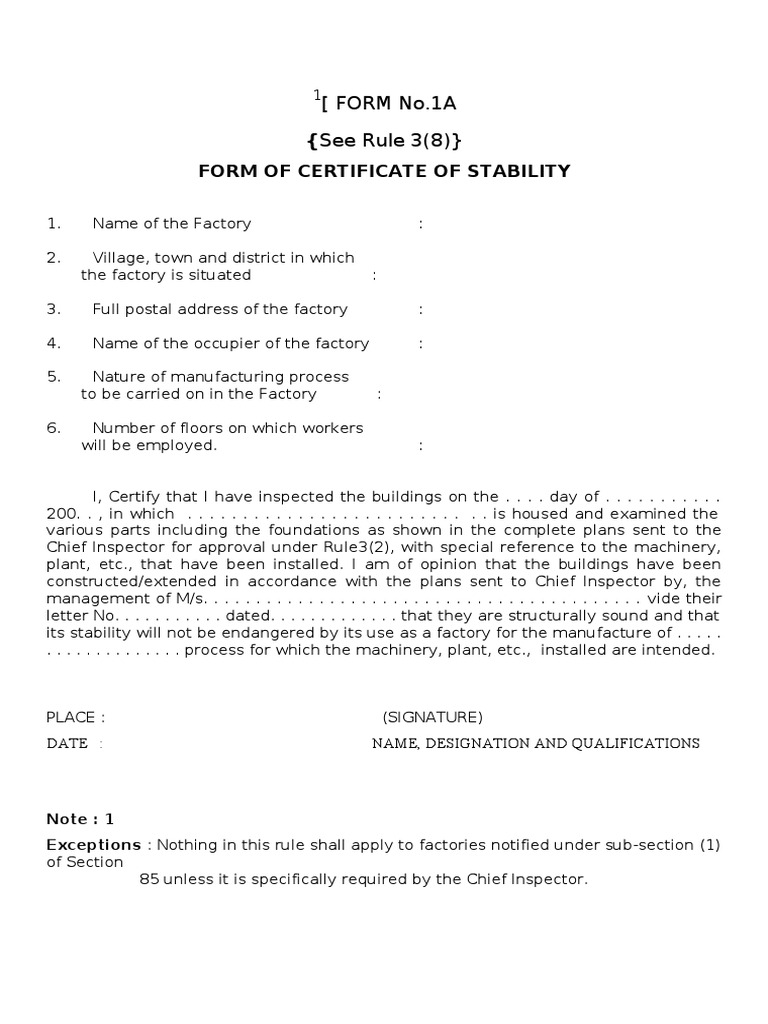 Form of Certificate of Stability: (See Rule 3 (8) ) | PDF