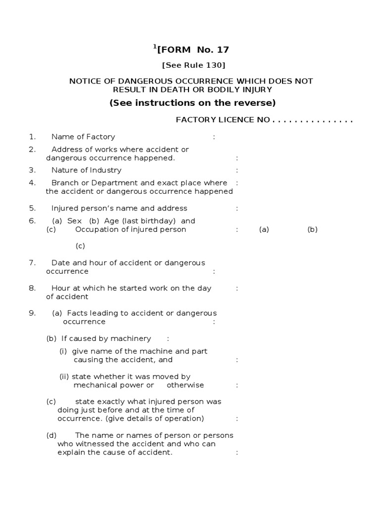 (FORM No. 17: (See Rule 130) Notice of Dangerous Occurrence Which Does ...