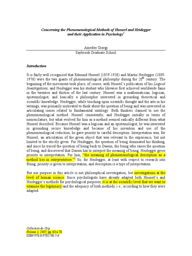 Giorgi on Husserl and Heidegger's Methods | PDF | Philosophy | Science ...
