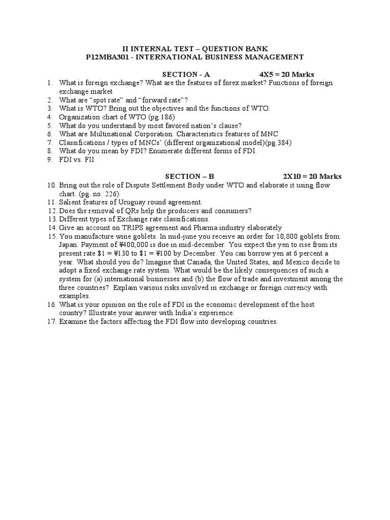 Ii Internal Test - Question Bank P12Mba301 - International Business ...