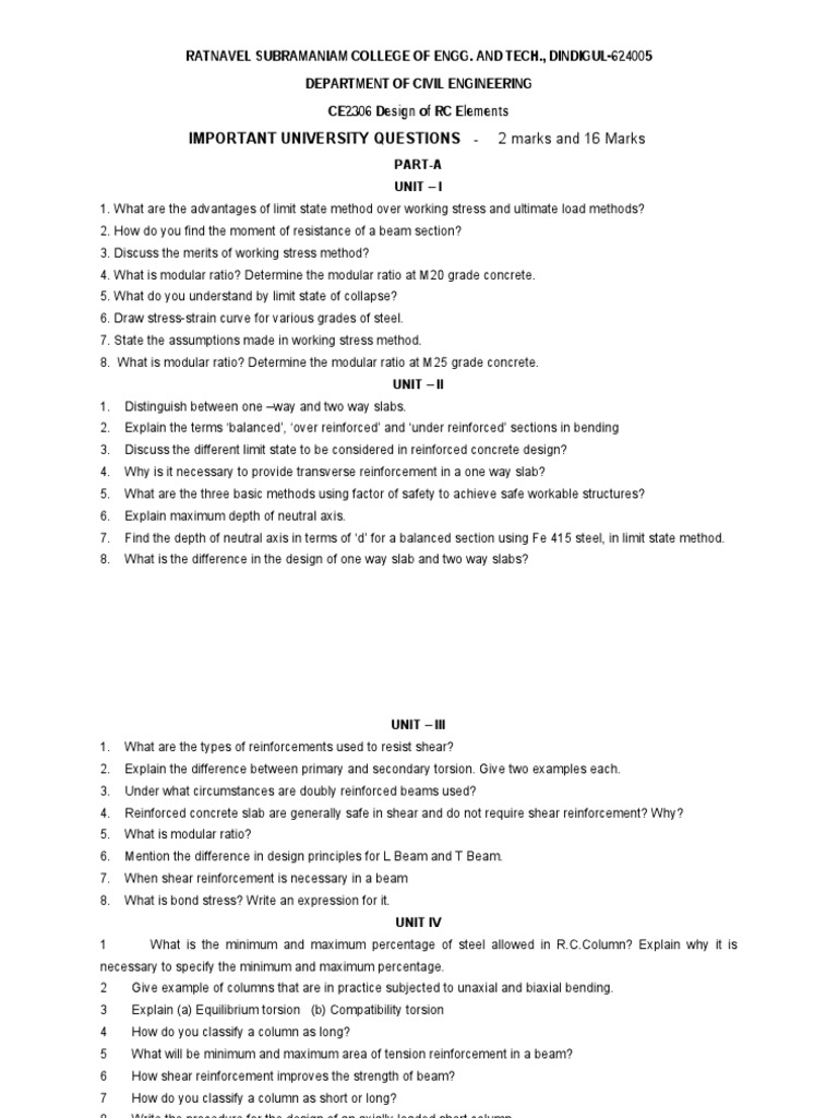 CE2306 Design of RC Elements Anna University Question Bank Question ...