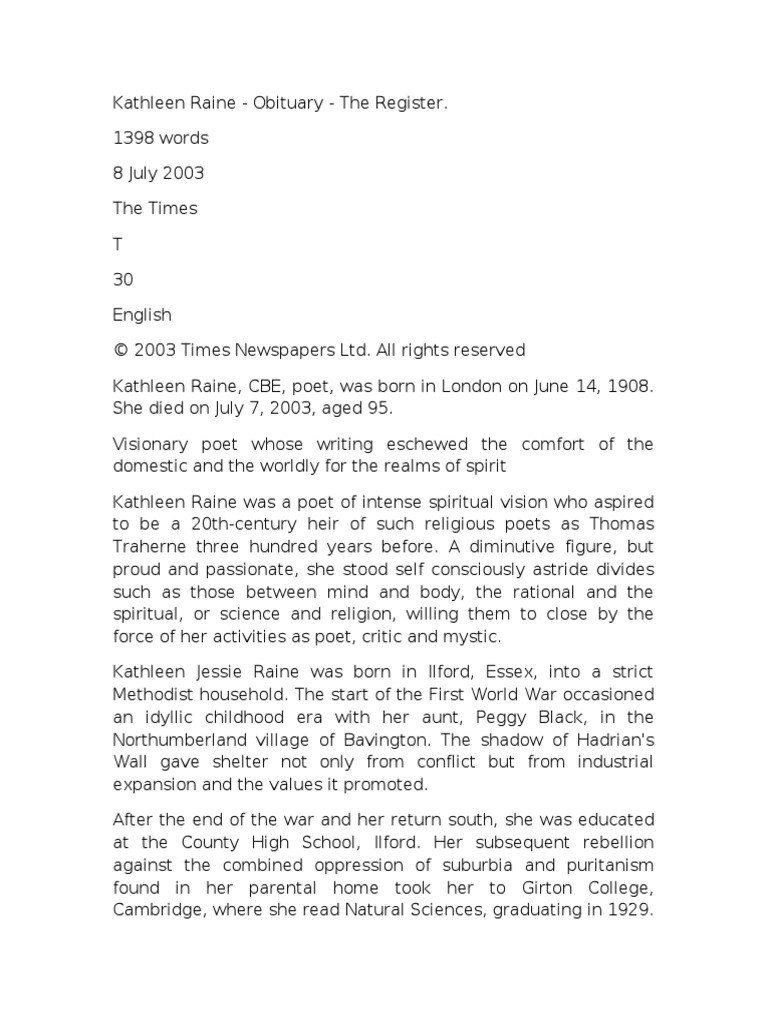 Kathleen Raine: Visionary Poet Obituary | PDF | Religion And Belief ...