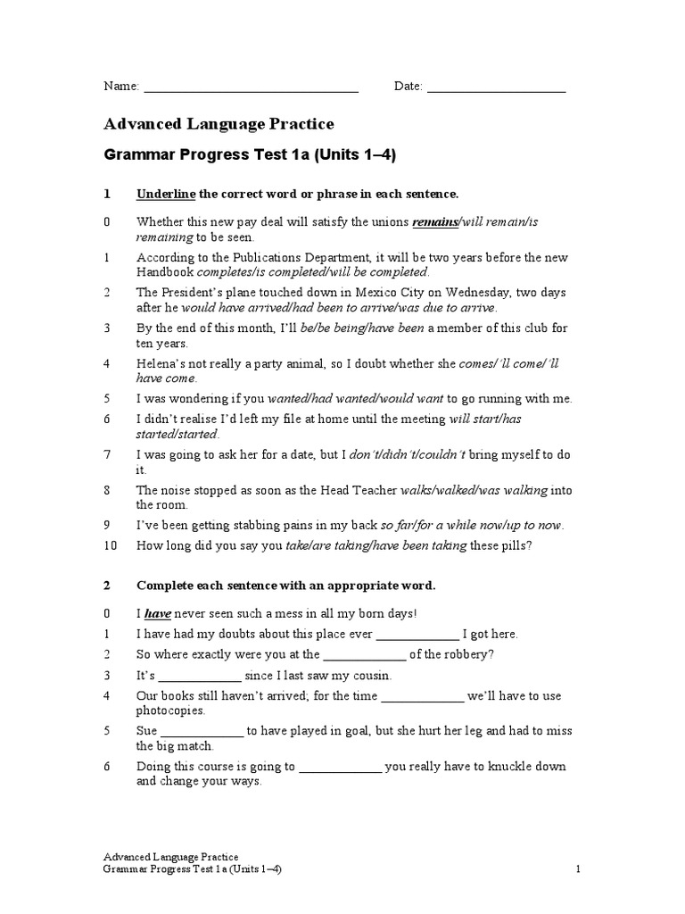 Advanced Language Practice: Grammar Progress Test 1a (Units 1-4) | PDF