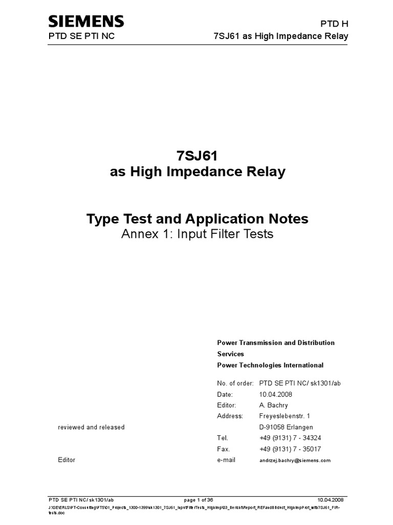 7SJ61 As High Impedance Relay | PDF | Relay | Transformer