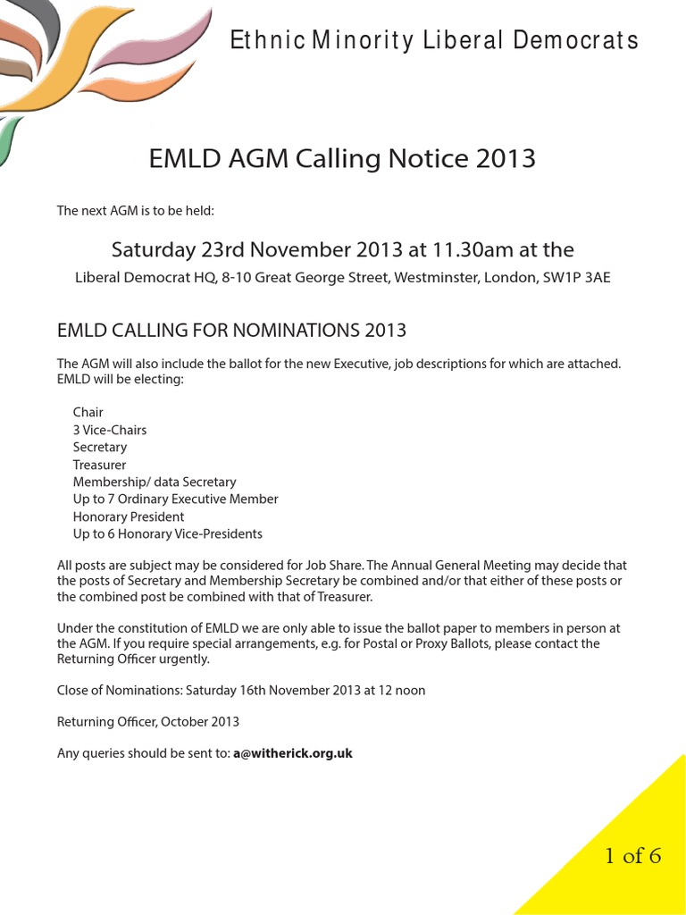 EMLD Calling Notice AGM 2013 | PDF | Postal Voting | Elections