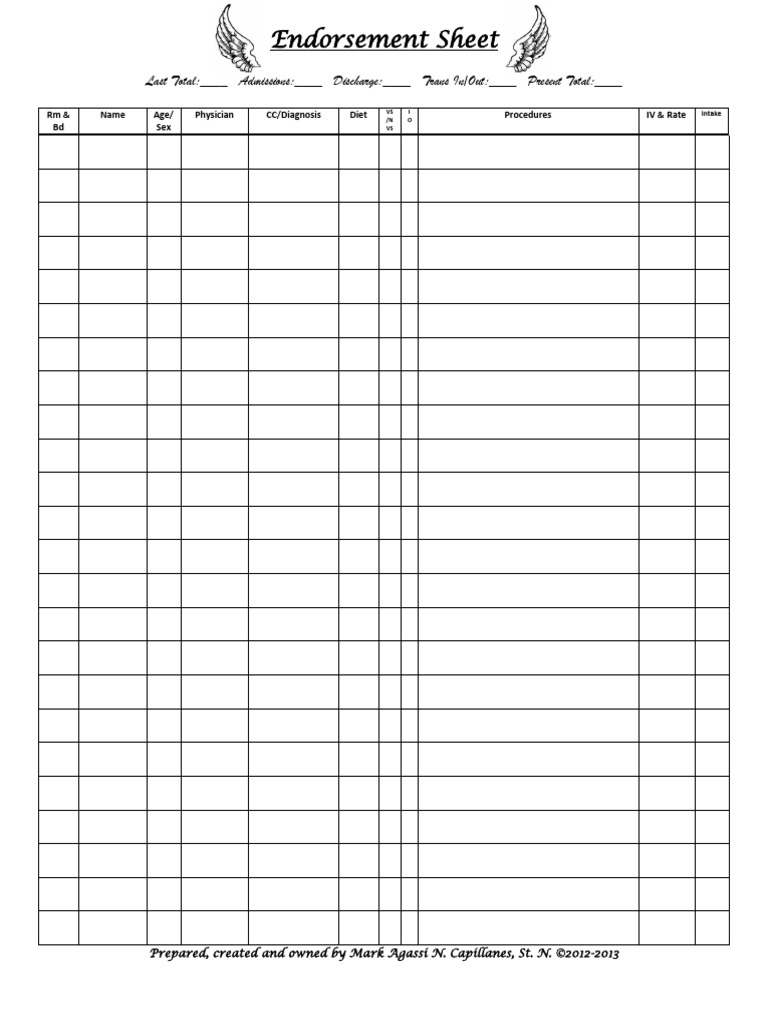 Endorsement Sheet: Last Total: - Admissions: - Discharge: - Trans In ...