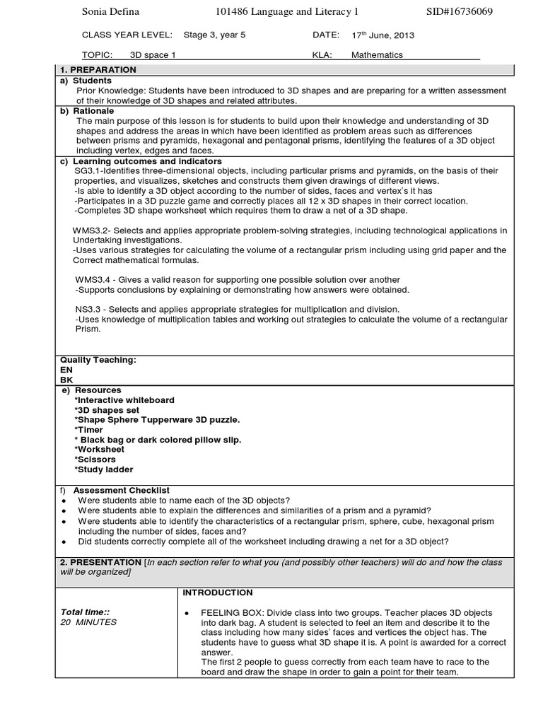 3D Shapes Lesson Plan for Year 5 | PDF | Drawing | 3 D Computer Graphics