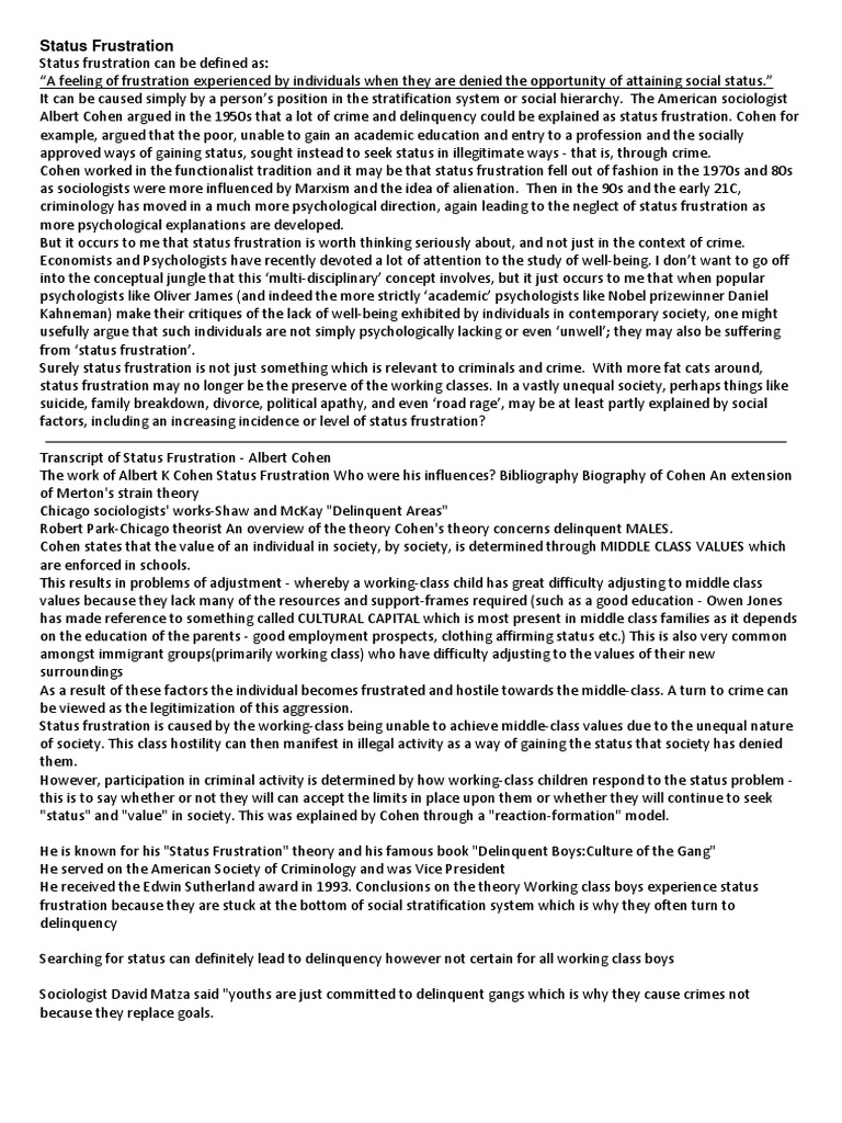 Albert Cohen's Status Frustration Theory | PDF | Juvenile Delinquency ...