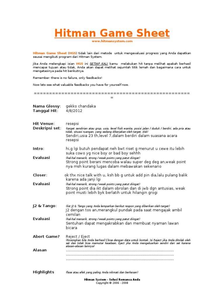 Hitman Game Sheet 1-1 | PDF